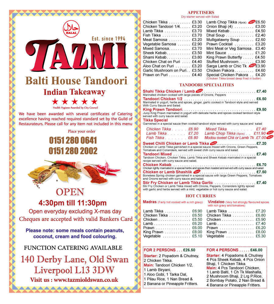 Our Menu | Tazmi Balti House